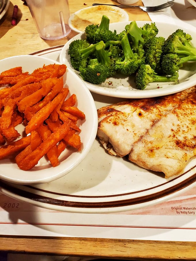 Rockfish dressed up with sweet potato fries—surf meeting turf's healthier, more attractive cousin.