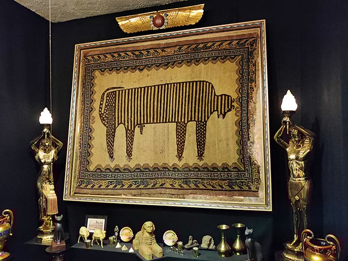 The famous Sacred Cat Rug, over 2,400 years old. Ancient Egyptians worshipped cats; this rug suggests they also appreciated good interior design.