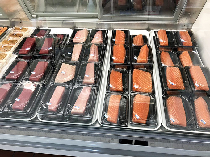 Fresh fish fillets lined up like colorful soldiers &ndash; ruby-red tuna, coral salmon, and pale white fish awaiting their moment of glory in your next meal.