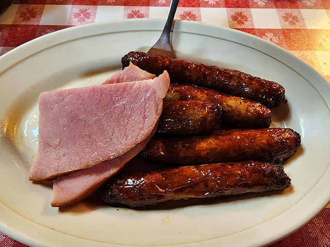 Breakfast links and ham that would make any lumberjack put down his axe and pick up a fork. Simple, hearty, and unapologetically satisfying.