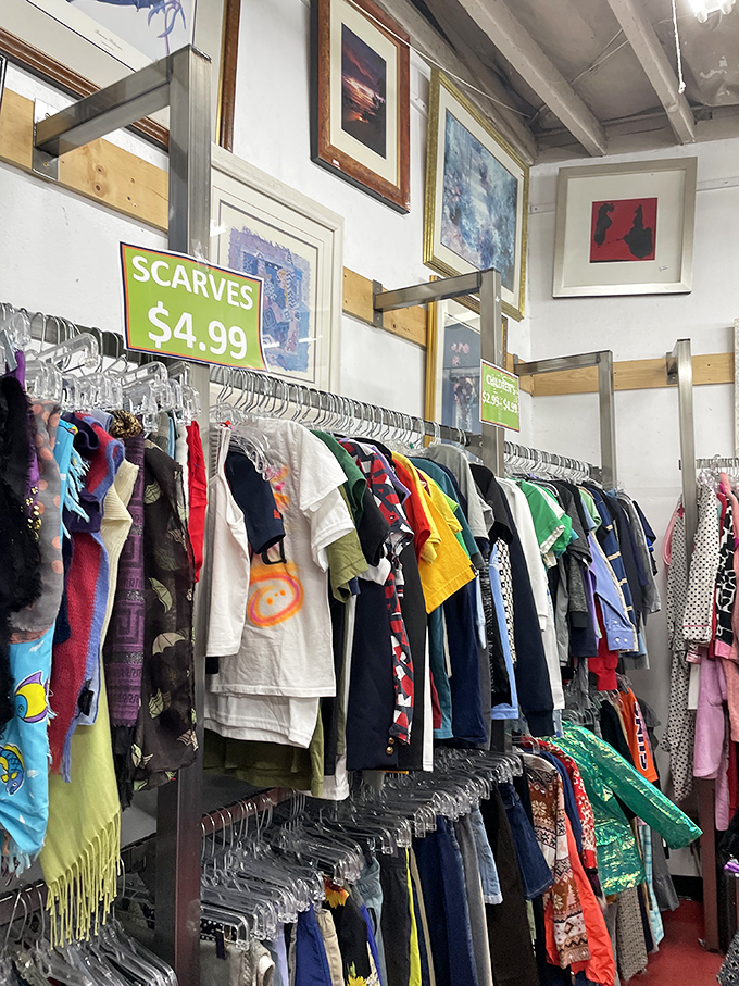Scarves and children's clothes create rainbow displays that would make any department store jealous of this colorful abundance. 