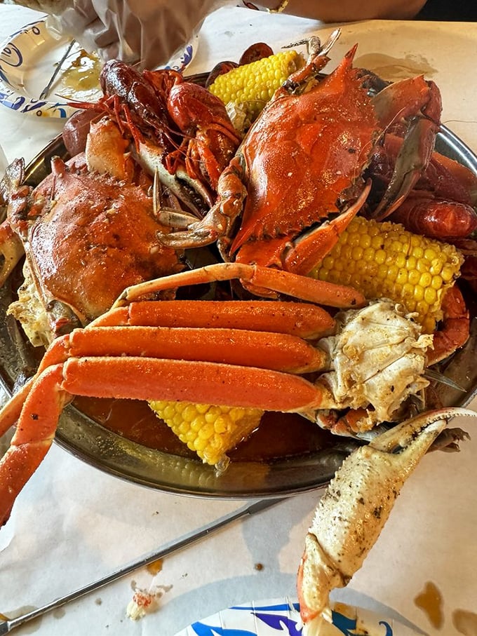 A seafood boil featuring crab, crawfish, and corn that would make New Orleans natives do a double-take. Bibs aren't just suggested – they're essential.