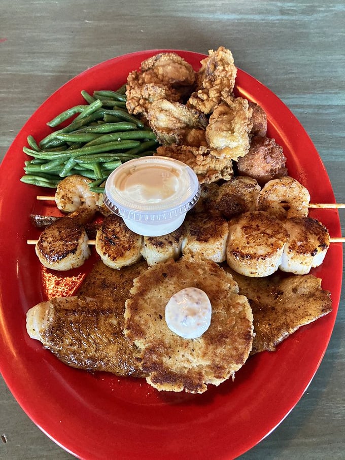 A seafood sampler that reads like a love letter to the ocean. Those perfectly grilled shrimp skewers could make a vegetarian reconsider their life choices.
