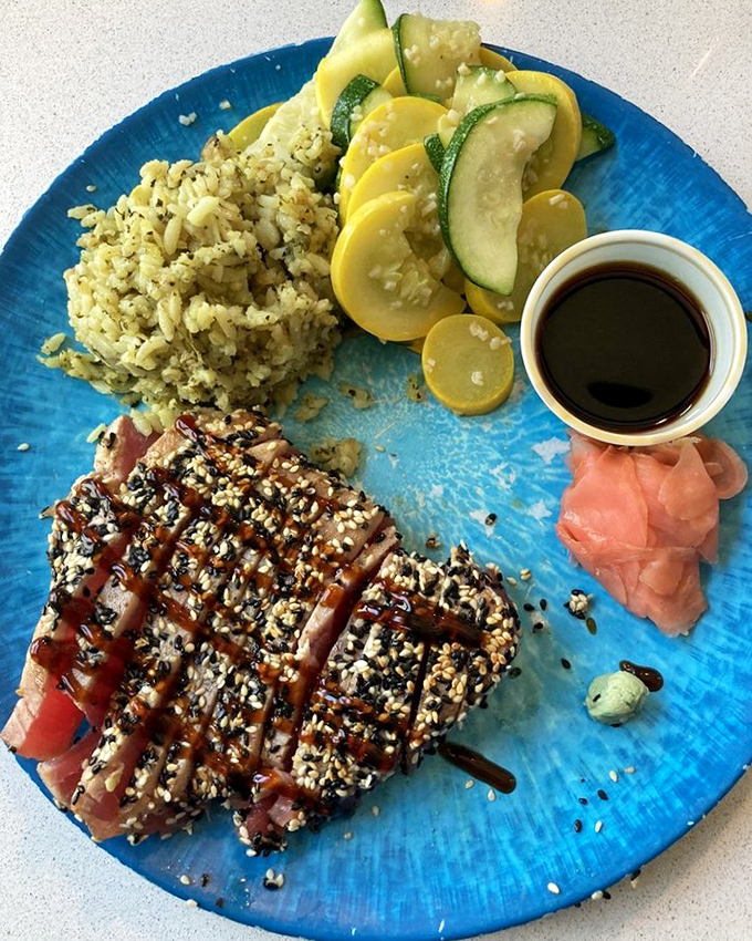 Sesame-crusted tuna that's ready for its close-up! Perfectly seared, artfully plated, and paired with seasonal vegetables that taste like summer sunshine.