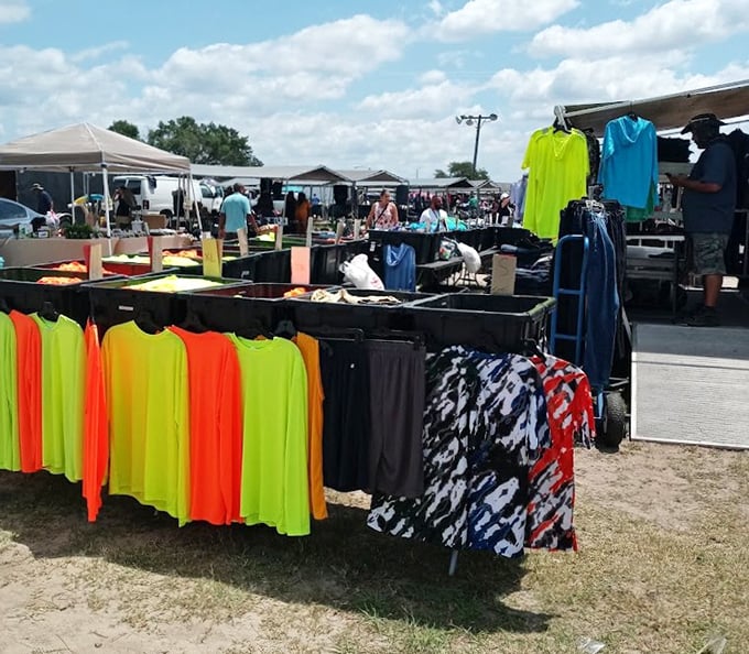 The neon shirt section &ndash; where visibility meets fashion in a dazzling array that would make even Miami Vice detectives shield their eyes.