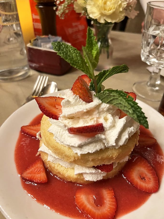 Fresh strawberry shortcake provides the sweet punctuation mark to end your meaty masterpiece of a meal.
