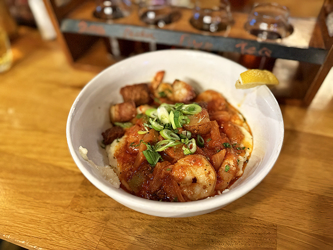 Shrimp and grits that would make a Southerner nod in approval. The cajun-kissed shrimp nestled in creamy grits tells a delicious cross-cultural story.