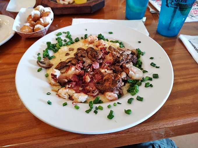 Shrimp and grits having a delicious Southern reunion on one glorious plate of comfort.