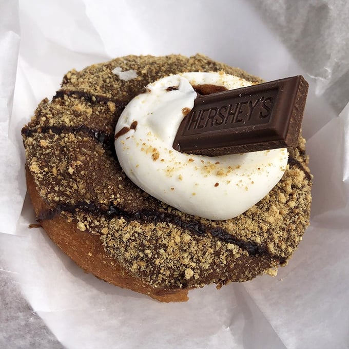 When a campfire s'more and a donut have a delicious love child &ndash; complete with a Hershey's chocolate bar hat.