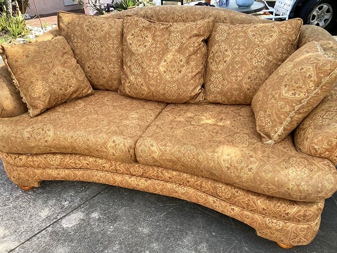 This golden patterned sofa isn't just furniture&mdash;it's a conversation piece waiting to transform someone's living room from basic to bold.