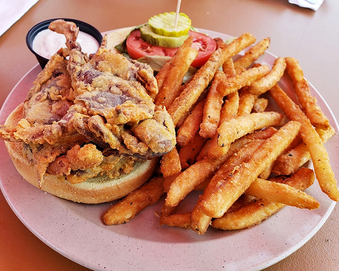 The soft shell crab sandwich&mdash;where the entire crab commits to becoming the perfect lunch. Crunchy, savory, and gloriously messy.