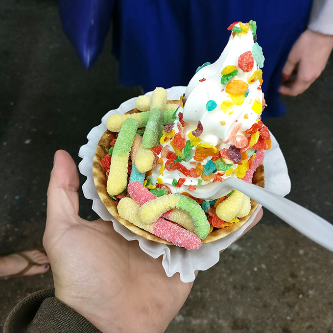 Childhood dreams realized: soft serve adorned with enough candy to make your dentist wince and your inner child rejoice.