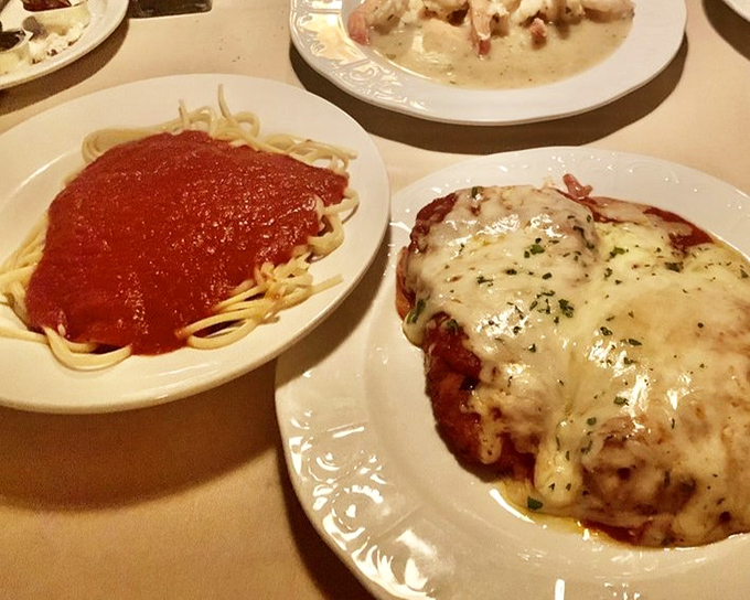 A classic Italian tableau: spaghetti with marinara alongside chicken parmigiana &ndash; the Fred Astaire and Ginger Rogers of comfort food, dancing perfectly together. 