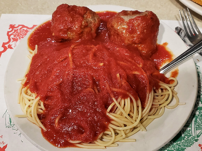 Spaghetti and meatballs done right&mdash;tender pasta swimming in rich red sauce with meatballs so perfect they deserve their own Ohio historical marker.