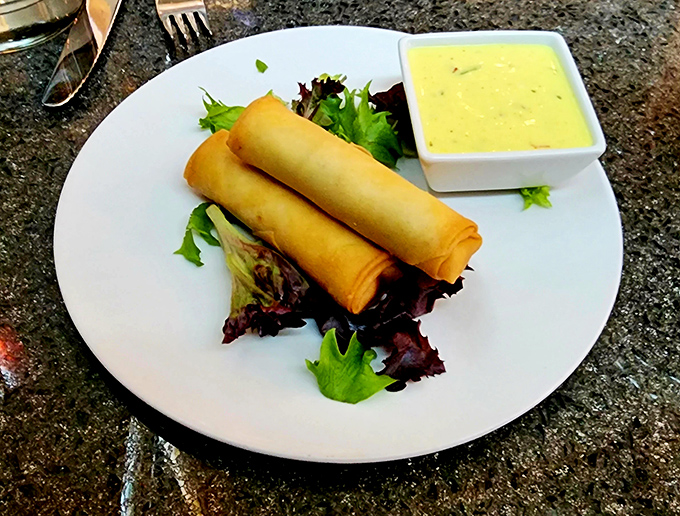 Golden-crisp spring rolls that crackle with promise, served with a dipping sauce so good you'll be tempted to drink it when nobody's looking.