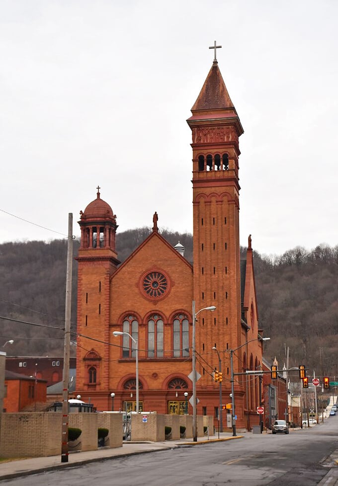 St. John Gaulbert Cathedral reaches skyward with the same determination as Johnstown's residents. Its brick towers stand sentinel over a community that knows how to rise again.
