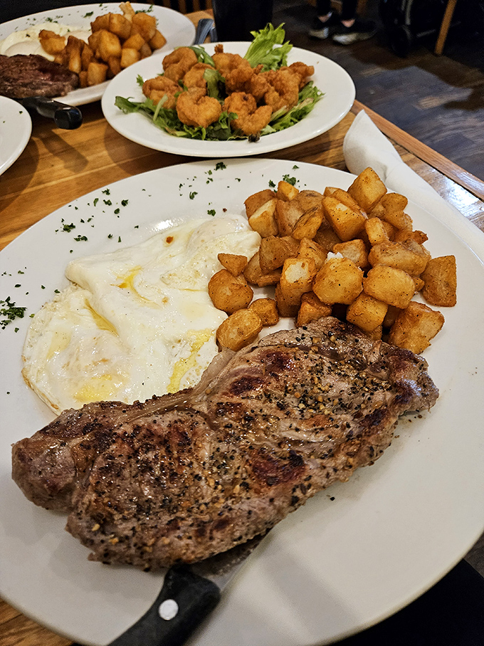 Steak and eggs done right, with potatoes that actually taste like they remember being in the ground.