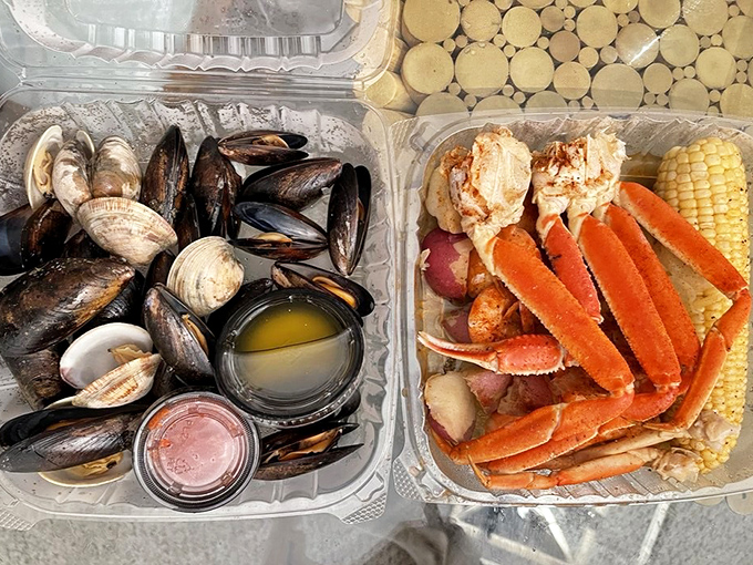 The seafood lover's dream team: steamed clams, snow crab legs, and corn on the cob. It's like Neptune himself packed your lunch box.