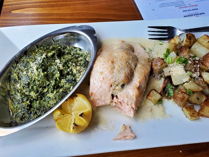 Salmon that didn't just show up to dinner&mdash;it dressed for the occasion. That creamed spinach side is no slouch either.