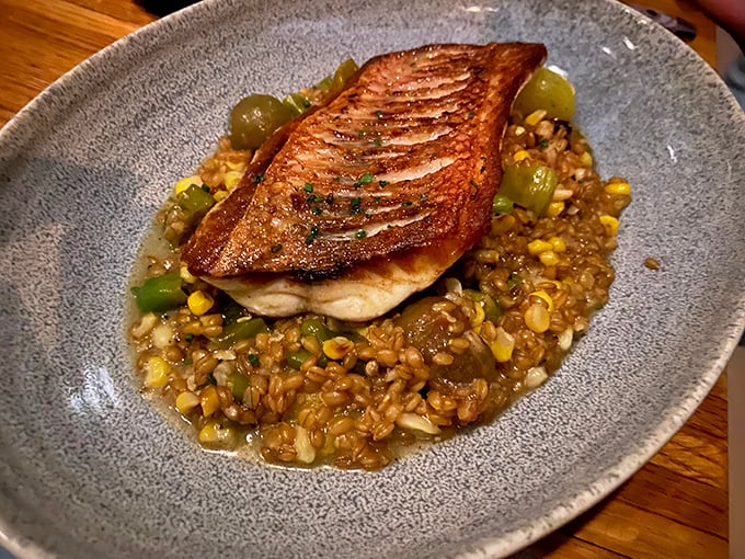 This swordfish doesn't just swim in grain&mdash;it lounges luxuriously atop a bed of corn and farro like it's at a five-star resort for fish.
