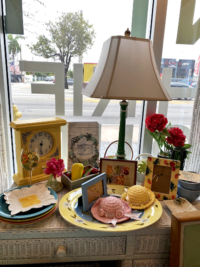 From bright clocks to quirky dishware and framed treasures, this cheerful thrift store display proves that secondhand finds can feel one-of-a-kind.