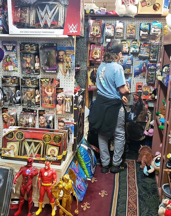 Wrestling figurines and superhero collectibles stand at attention, ready to transport grown adults back to Saturday mornings with cereal and cartoons.