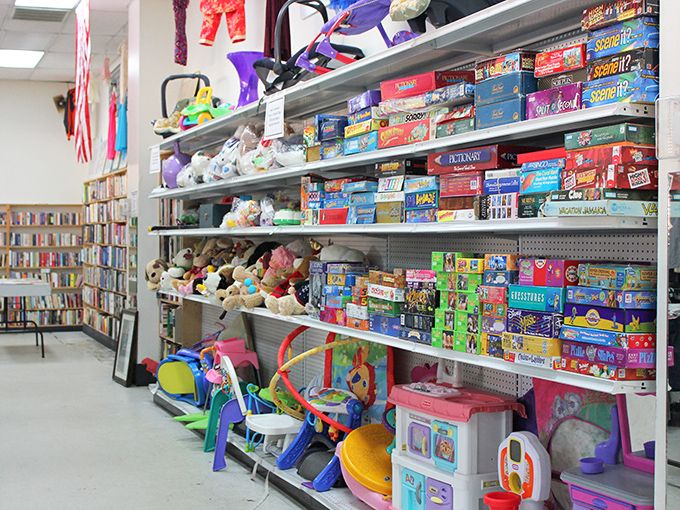 Board games with (most of) their pieces and stuffed animals seeking second homes—the toy section is childhood nostalgia at bargain prices.