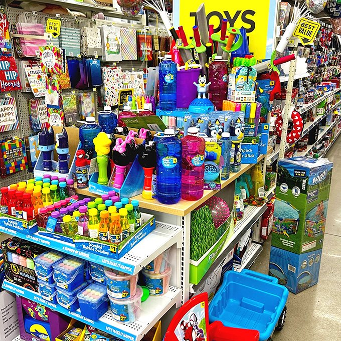 A toy section that proves you don't need to spend a fortune to hear that magical sound of children temporarily stopping their "I'm bored" complaints.