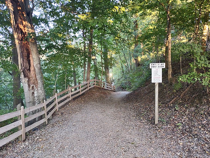 The path to the supernatural is surprisingly serene, with this well-maintained trail guiding visitors through dappled woodland shade.