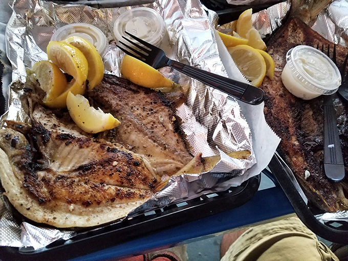 Triggerfish on foil &ndash; simple presentation that says, "I'm so good, I don't need fancy plates to impress you."