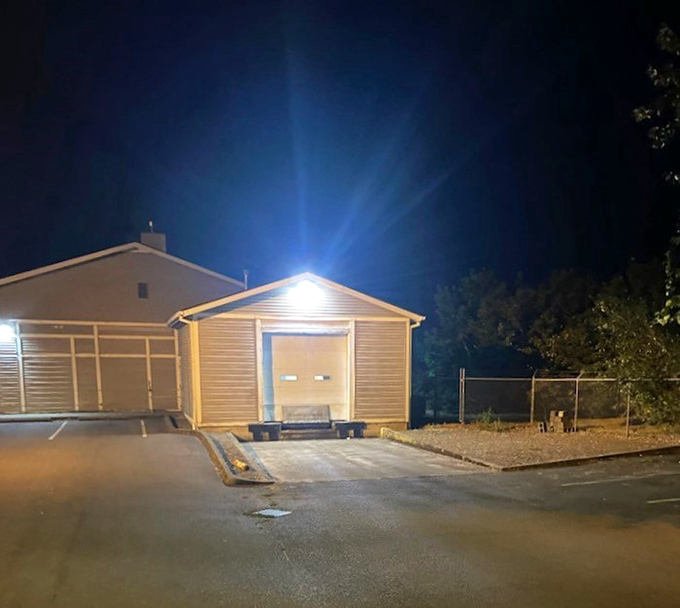 Even Aurora's utilitarian buildings take on a certain charm after dark, when warm light spills onto quiet streets awaiting tomorrow's treasure hunters.