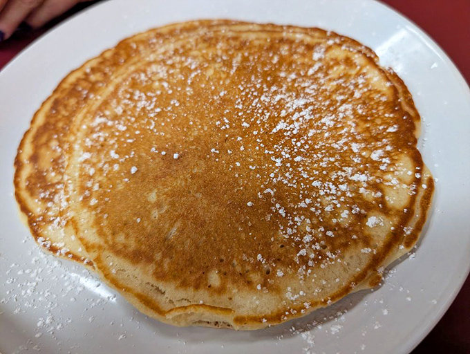 A pancake so perfectly golden it belongs in Fort Knox. The powdered sugar snowfall is just showing off at this point.