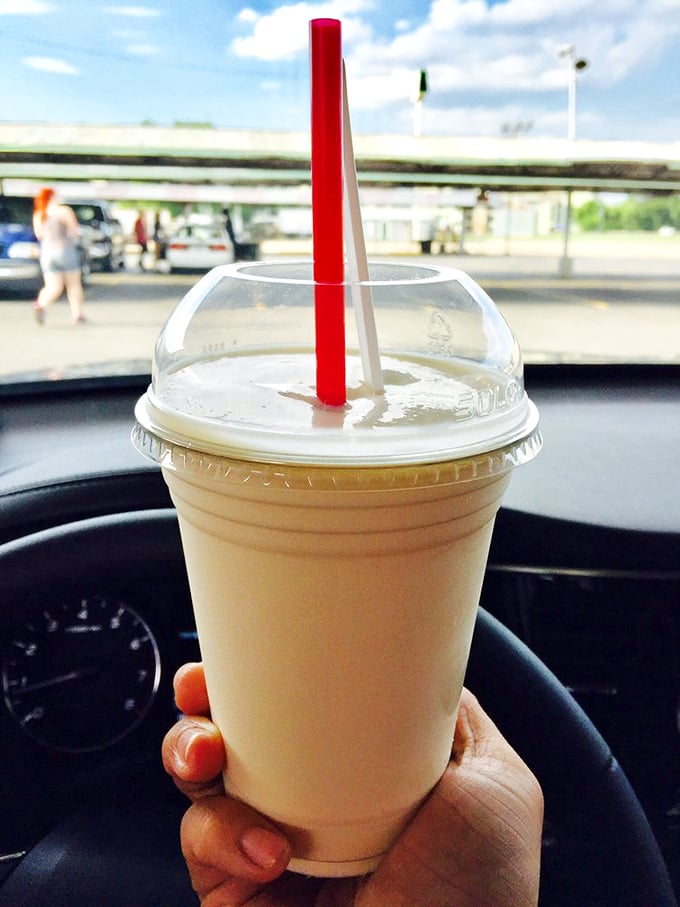The vanilla shake: thick enough to require serious straw strength but worth the effort. Car cup holders were invented for moments like this.