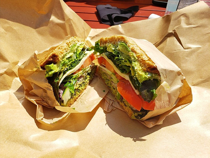 Proof that vegetarian options needn't be an afterthought&mdash;this vibrant veggie sandwich bursts with color and crunch between perfectly toasted bread.