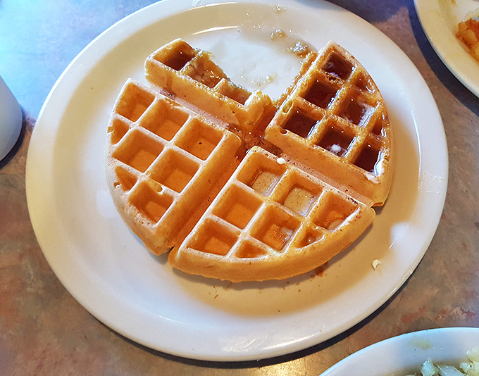 The star of the show &ndash; a golden waffle with perfect grid indentations just waiting to become little swimming pools for maple syrup.
