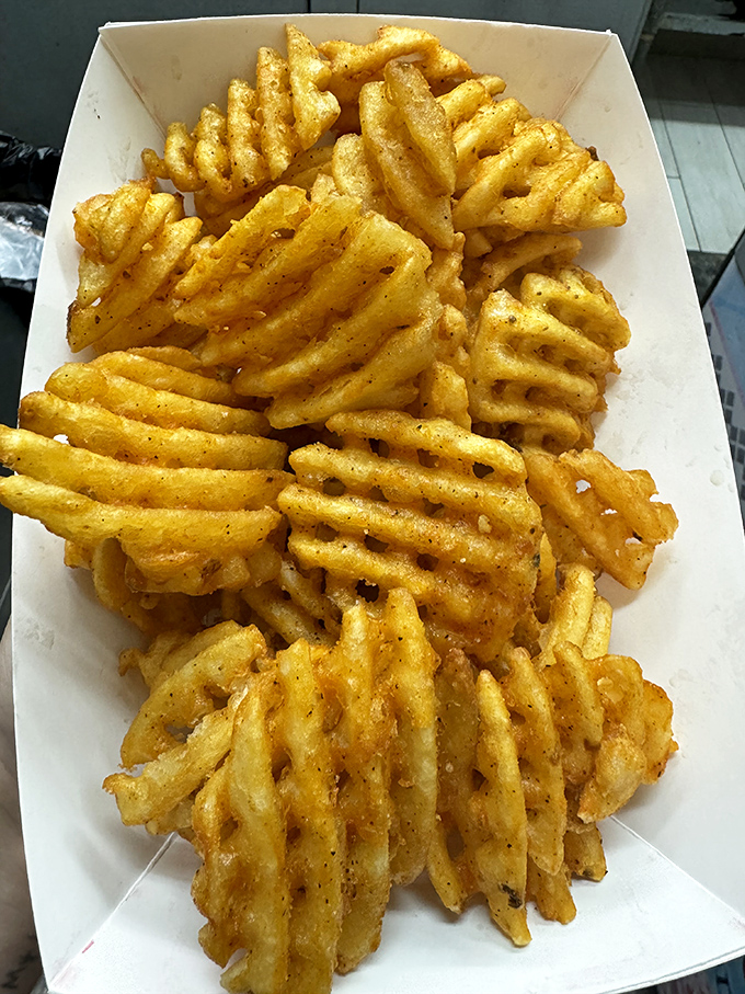 Not just fries&mdash;an architectural marvel of potato. These waffle-cut beauties offer maximum surface area for seasoning and maximum pleasure for eating.