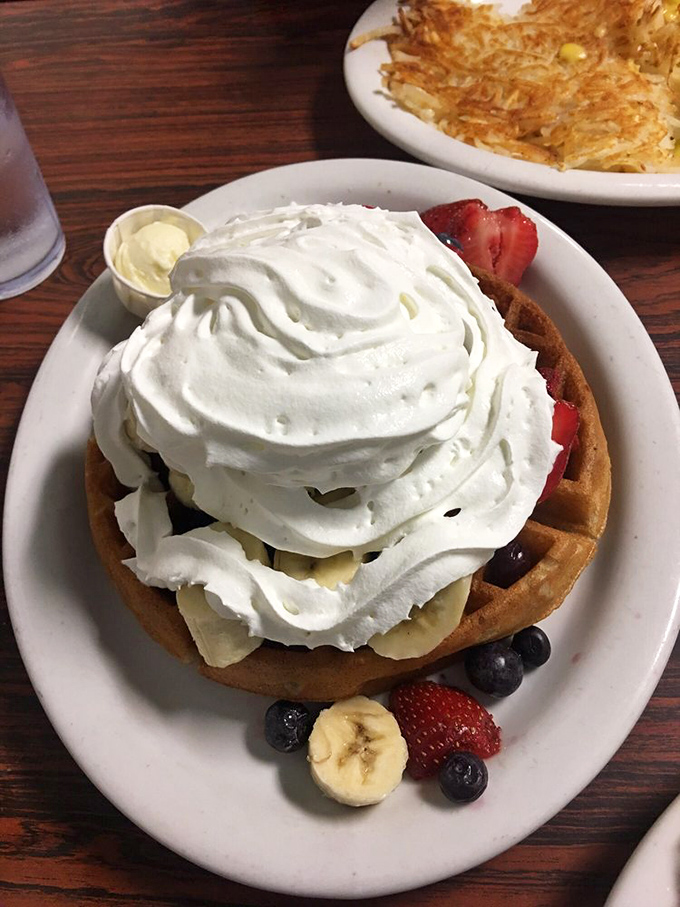 The waffle that launched a thousand Instagram posts: A mountain of whipped cream, fresh berries, and banana slices that makes you question why anyone eats anything else for breakfast.