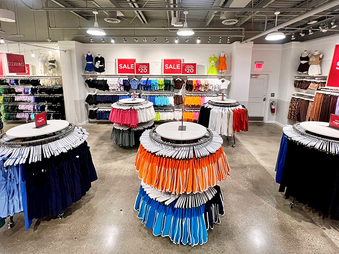 A color wheel of athletic wear arranged with mathematical precision&mdash;like a retail color theory class where every hue promises to make you look fabulous.