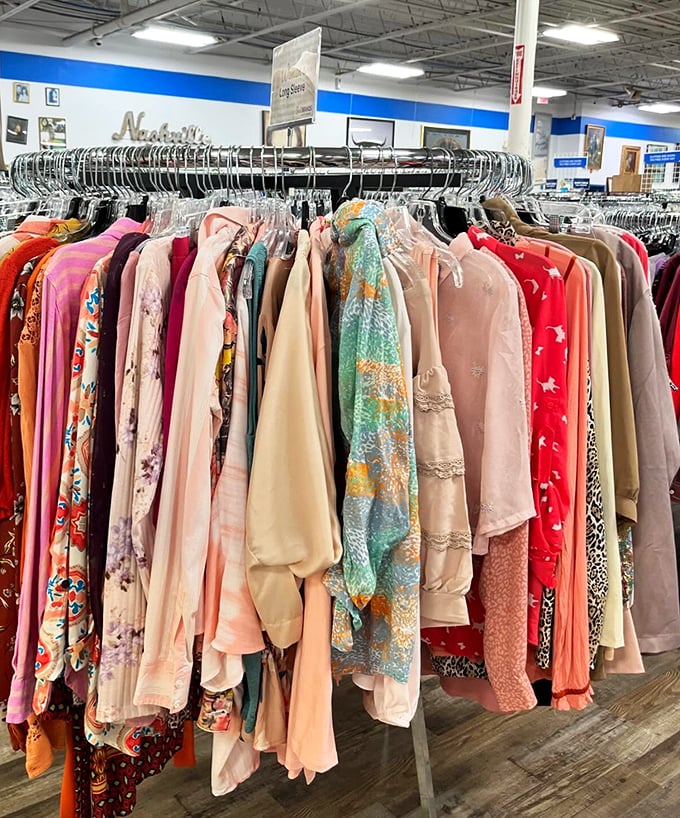 The women's clothing section blooms with pastels and patterns. That turquoise scarf could be the missing piece in your wardrobe puzzle.