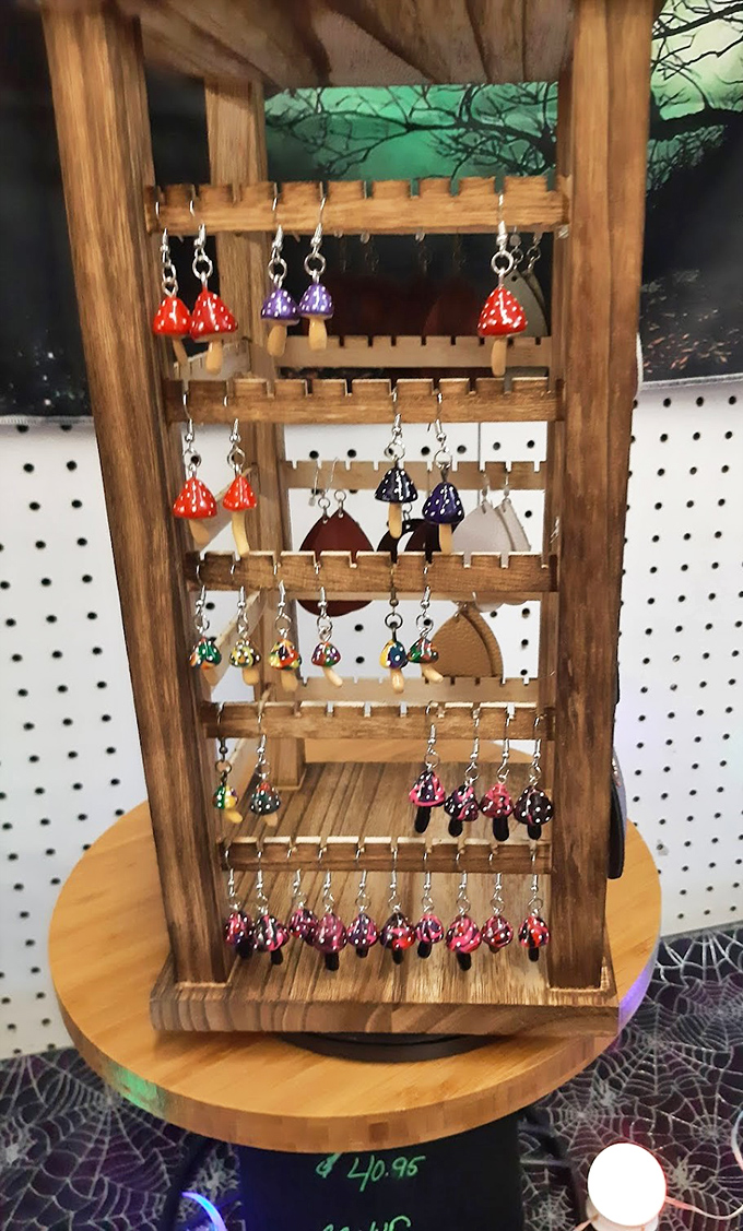 Whimsical mushroom earrings dangle like tiny forest treasures. Handcrafted jewelry that transforms "Where did you get that?" into your favorite conversation starter. 