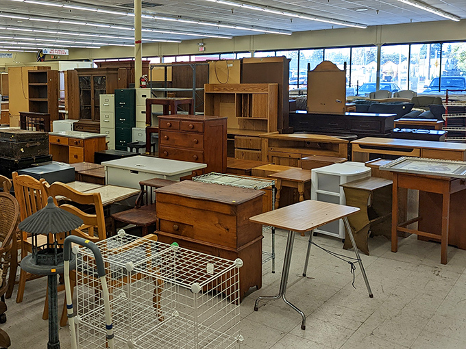 A furniture forest of solid wood desks, dressers, and tables&mdash;each piece patiently waiting for its "forever home" moment.