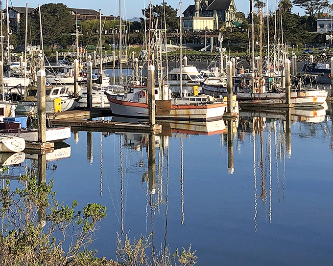 The mirror-like waters of Humboldt Bay create perfect reflections of the fishing fleet, a scene unchanged for generations in this working harbor.