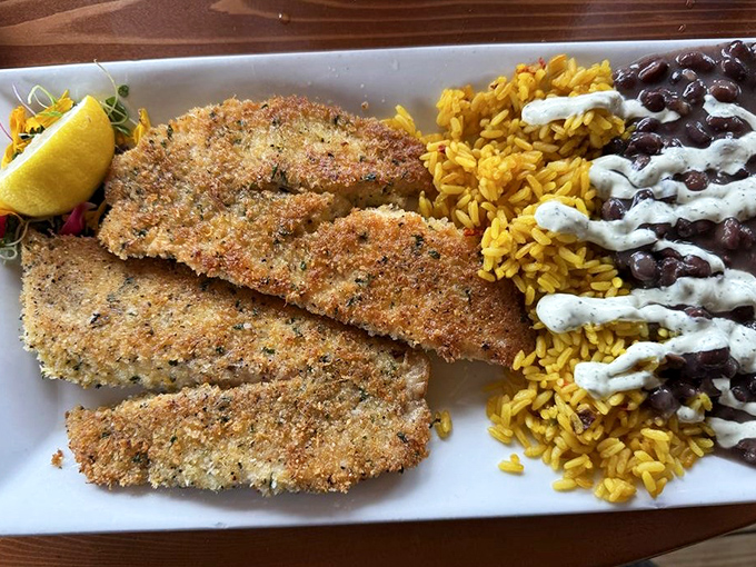 This isn't just fish – it's yellowtail snapper living its best afterlife with yellow rice and black beans. Florida on a plate.