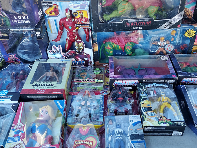 Action figure heaven where superheroes from different universes mingle like celebrities at an award show after-party.