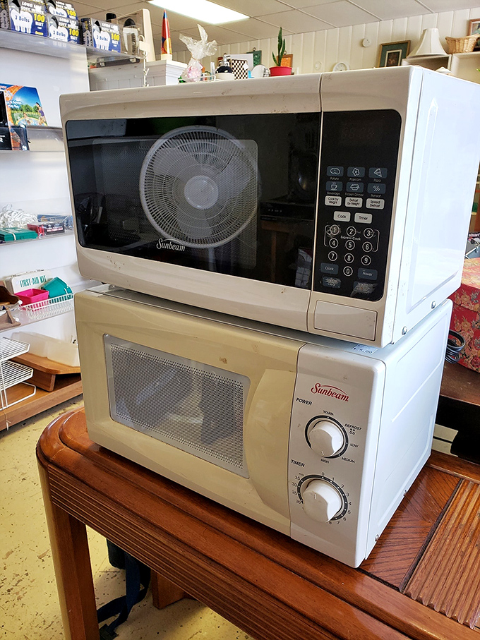 Sunbeam microwaves stacked like technological time capsules. They don't make 'em like they used to&mdash;and sometimes that's exactly what you want.