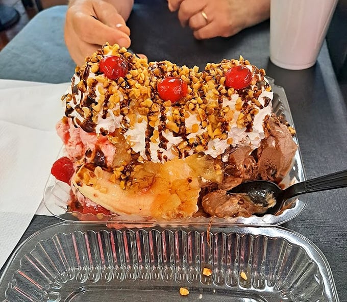 Not so much a dessert as an architectural achievement. This banana split has more layers than your favorite drama series and twice the satisfaction.