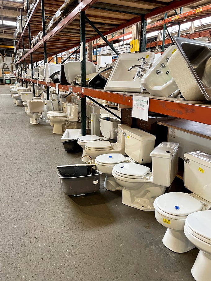 The toilet graveyard: where bathroom fixtures go for resurrection. White porcelain soldiers lined up for inspection, ready for duty in new homes.