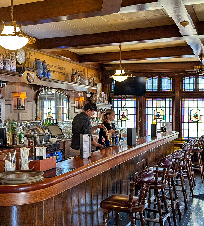 The bar beckons with stained glass windows that make drinking beer feel downright ecclesiastical.