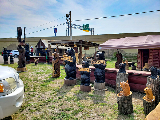 A welcoming committee of carved bears that seems to say, "Yes, we're touristy, and we're not even a little sorry about it."
