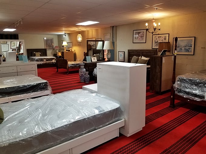 Bedroom furniture that makes hotel rooms look uninspired. That red striped carpet isn't just walking the runway—it's owning it.